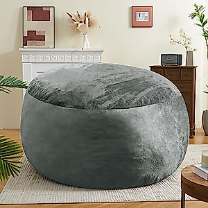 XIECUVA Bean Bag Chair Cover (Not A Full Bean Bag), Large Round Soft Fluffy Ultra-Fine Fiber Velvet Sofa Bed Cover, Lazy Sofa Bed Cover, 5ft Dark Grey (Cover Only, No Filler)
