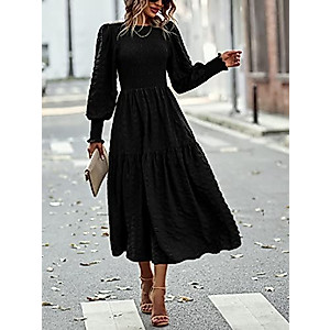 PRETTYGARDEN Women's Boho Puff Long Sleeve Crewneck Smocked Tiered Maxi Dress Solid Print Ruffle A-line Flowy Long Dress(Black,Large)