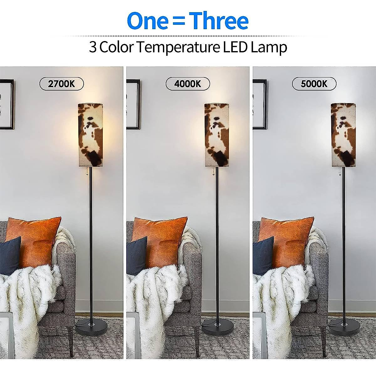 RZNTJHUINA Modern Standing Lamps Cow Skin Texture Country Farmhouse Floor Lamp Rustic Metal Pole Lamp with Linen Lampshade for Bedroom Living Room Office Nursery Reading Foot Switch Western Decor