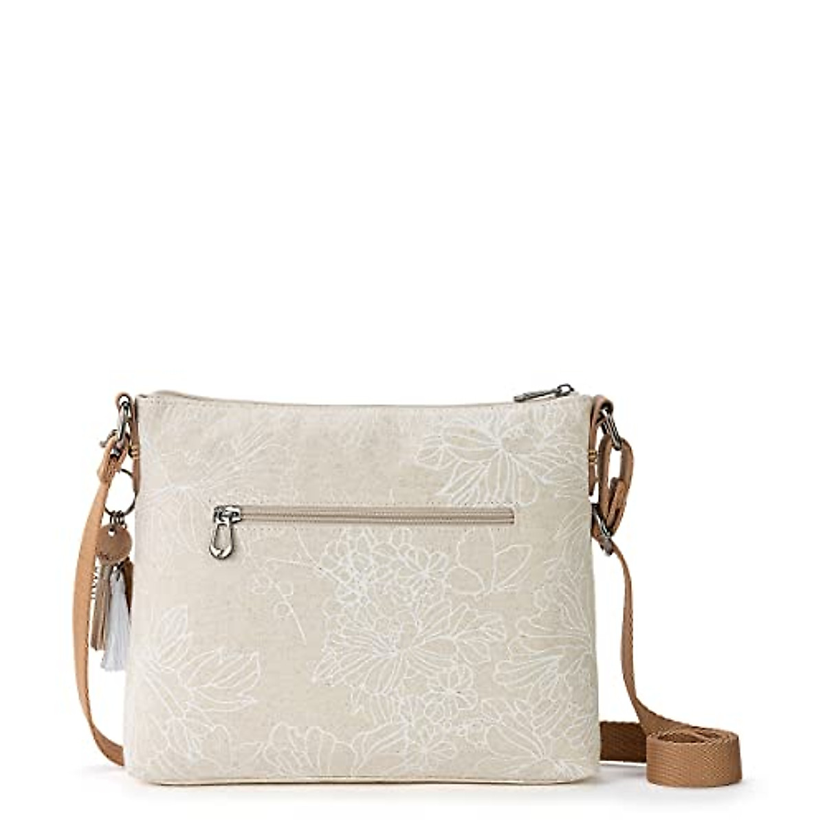Sakroots Basic Crossbody Bag in Coated Canvas, Multifunctional Purse with Adjustable Strap & Zipper Pockets, White Flower Blossom