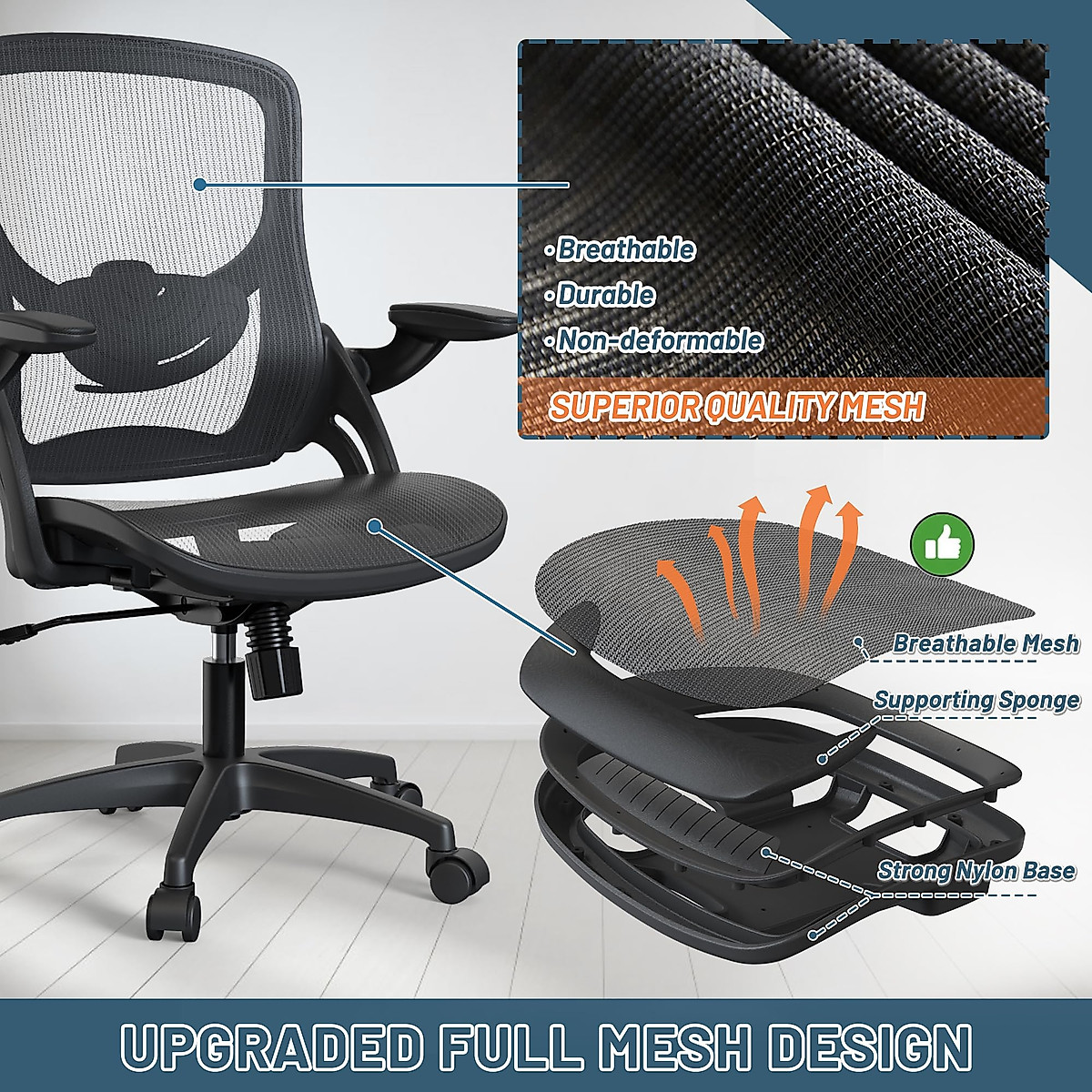 KIZECK Mesh Home Office Computer Desk Chair Height Adjustable Lumbar Support with Flip Up Arms Swivel Wheels for Adult