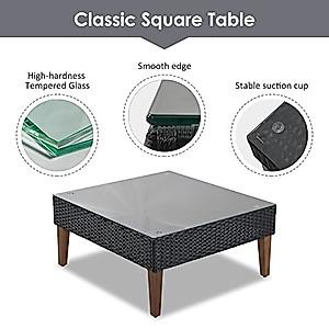 GLIFRON Outdoor Patio Furniture 4-Piece All Weather PE Brown Rattan L-Shaped Sectional Sofa Conversation Set with Colorful Pillows, Beige Cushions & Glass Coffee Table for Porch Lawn Garden