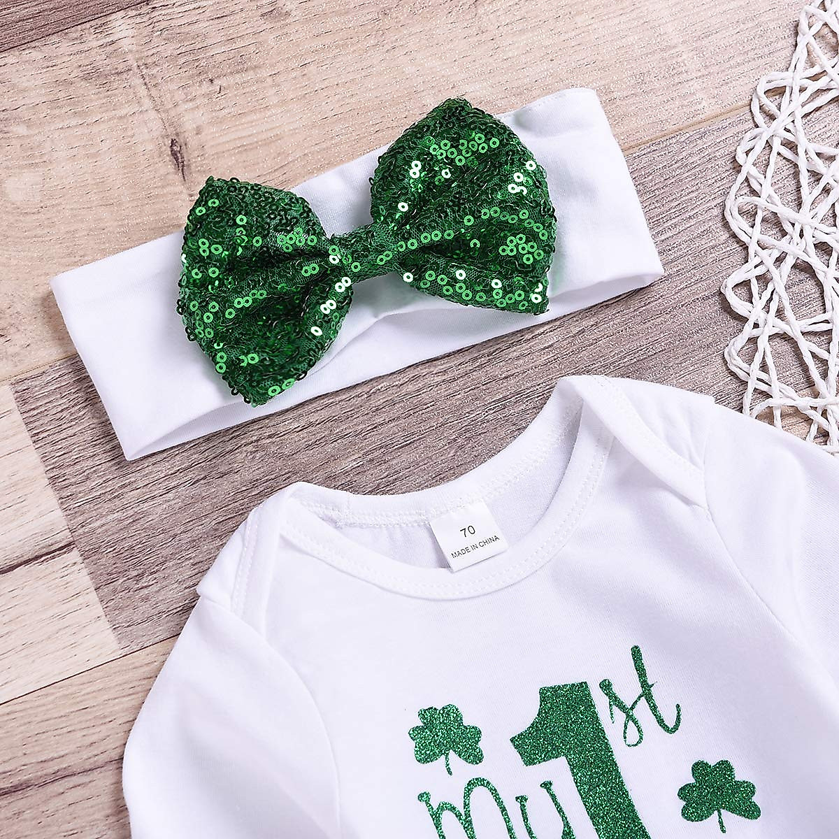 XFGLCK Newborn Baby Girls My 1st St.Patrick's Day Outfit Shamrock Rompers+ Tutu Tulle Skirt + Headband Outfits Set (Green, 0-3 Months)