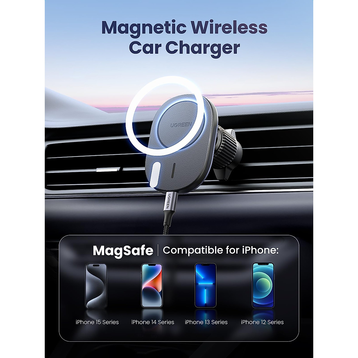 UGREEN Magnetic Wireless Car Charger Mount, Compatible with iPhone 15/14/13/12 Series Car Mount, Built-in 18 N52 Magnets, 11N Strong Magnets, Car Magnetic Phone Mount Charger
