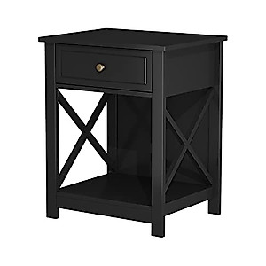 Treocho Black Nightstand X-Design, Modern Bedside Table with Drawer Storage Shelf, End Side Table for Bedroom