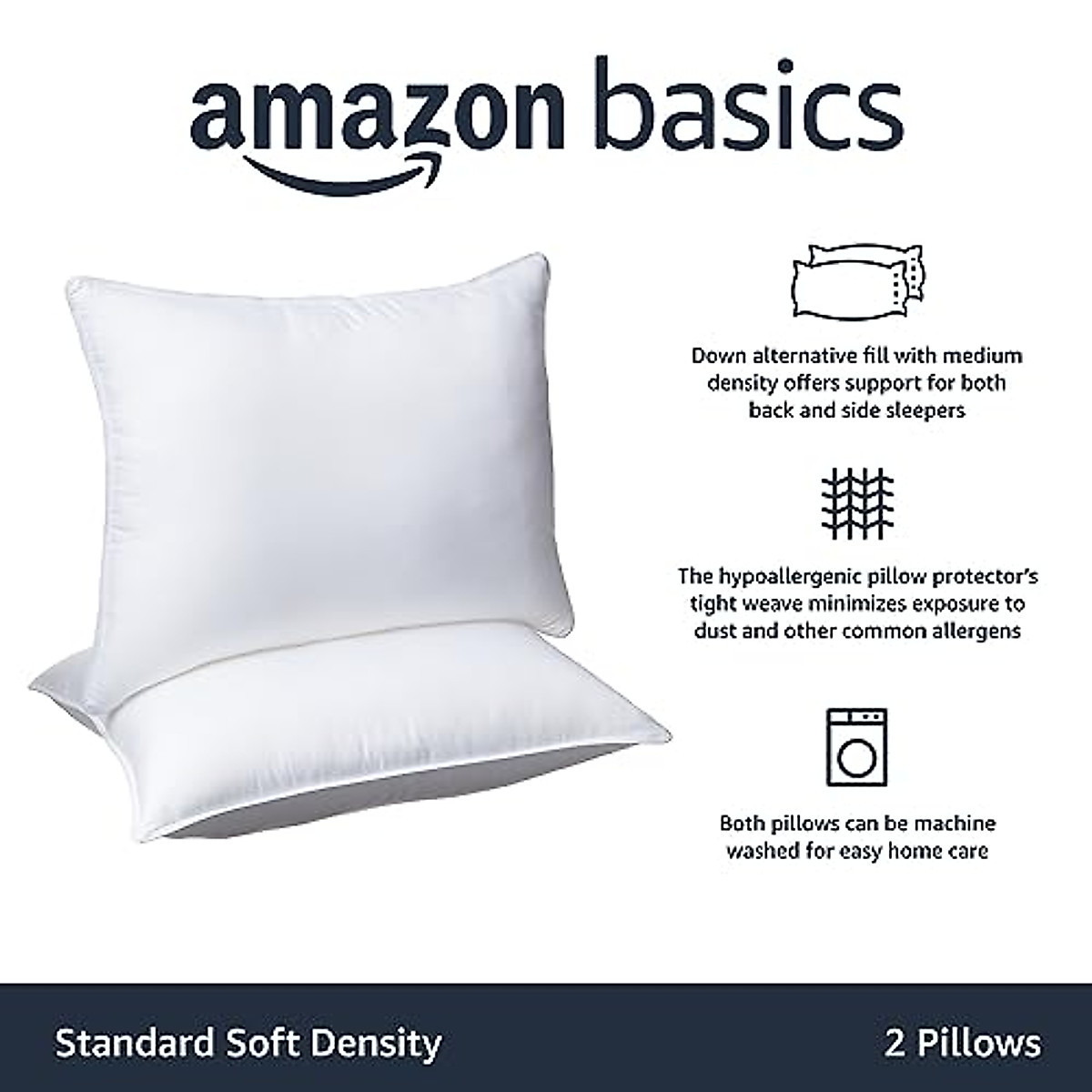 Amazon Basics Down Alternative Pillows, Soft Density For Stomach and Back Sleepers, Standard, Pack of 2, White, 26 in L x 20 in W