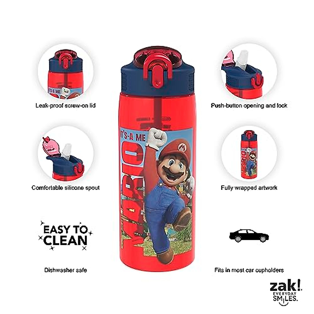 Zak Designs The Super Mario Bros. Movie Water Bottle For School or Travel, 25 oz Durable Plastic Water Bottle With Straw, Handle, and Leak-Proof, Pop-Up Spout Cover (Mario, Toad)