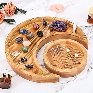 BestFire Moon Tray with Round Tray Crystal Holder Display Moon Tray Crystal Holder Wooden Crystal Organizer Essential Oil Dish for Rings & Jewelry -Mother's Day, Valentine's Day Gifts (Light brown)