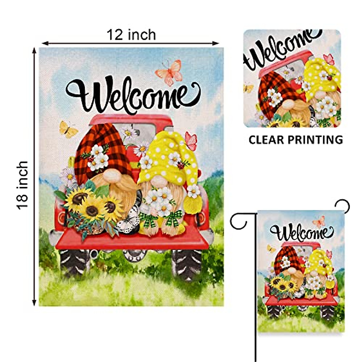 Covido Home Decorative Welcome Spring Gnome Couple Garden Flag, Summer Red Truck Butterfly Yard Daisy Flower Sunflower Plaid Check Outside Decoration, Floral Polka Dots Outdoor Small Decor 12x18