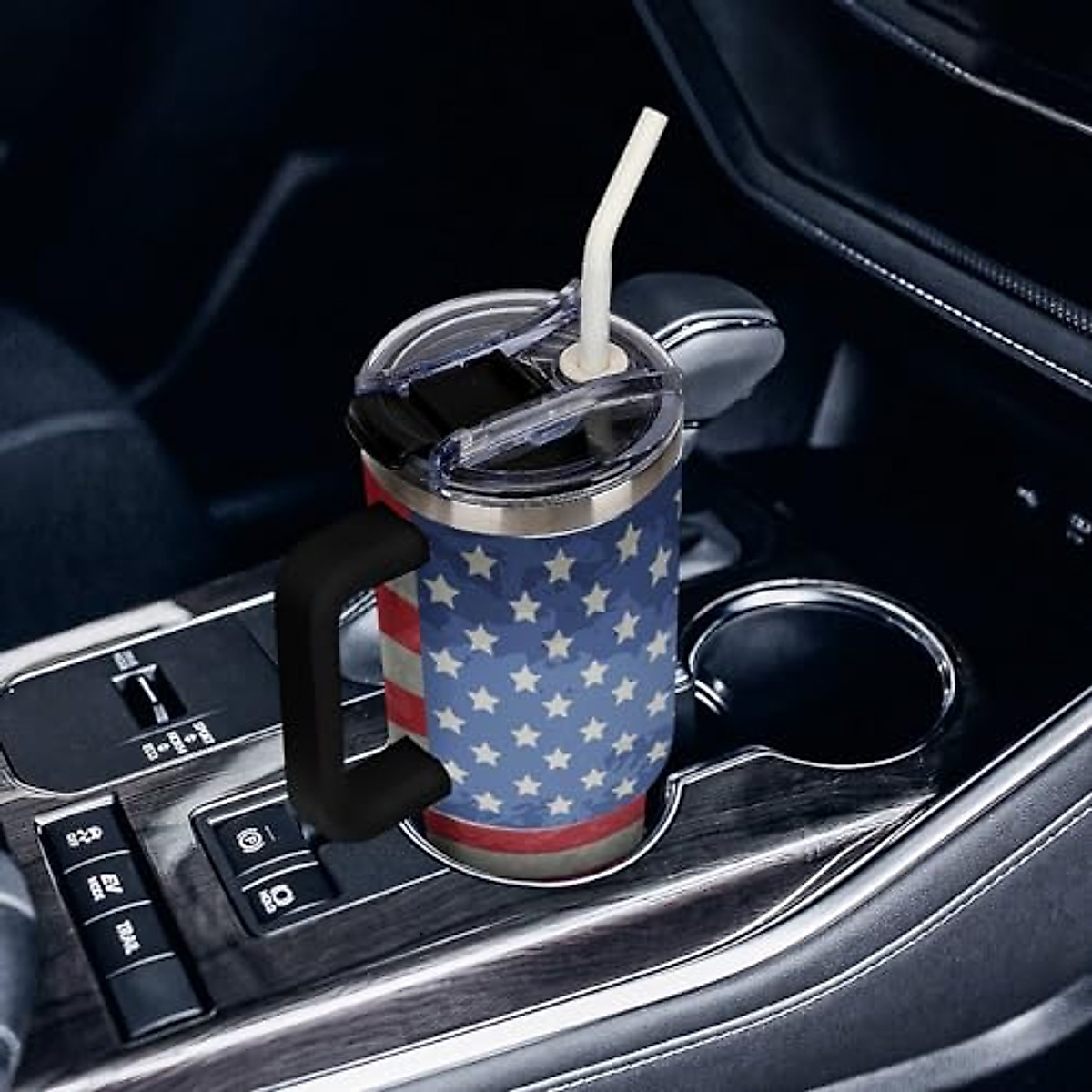 Water Bottle with Lid And Straw, Large Capacity Red Blue White American Flag 40 oz Travel Stainless Steel Cups, Handle Insulated Tumblers for Men, Women