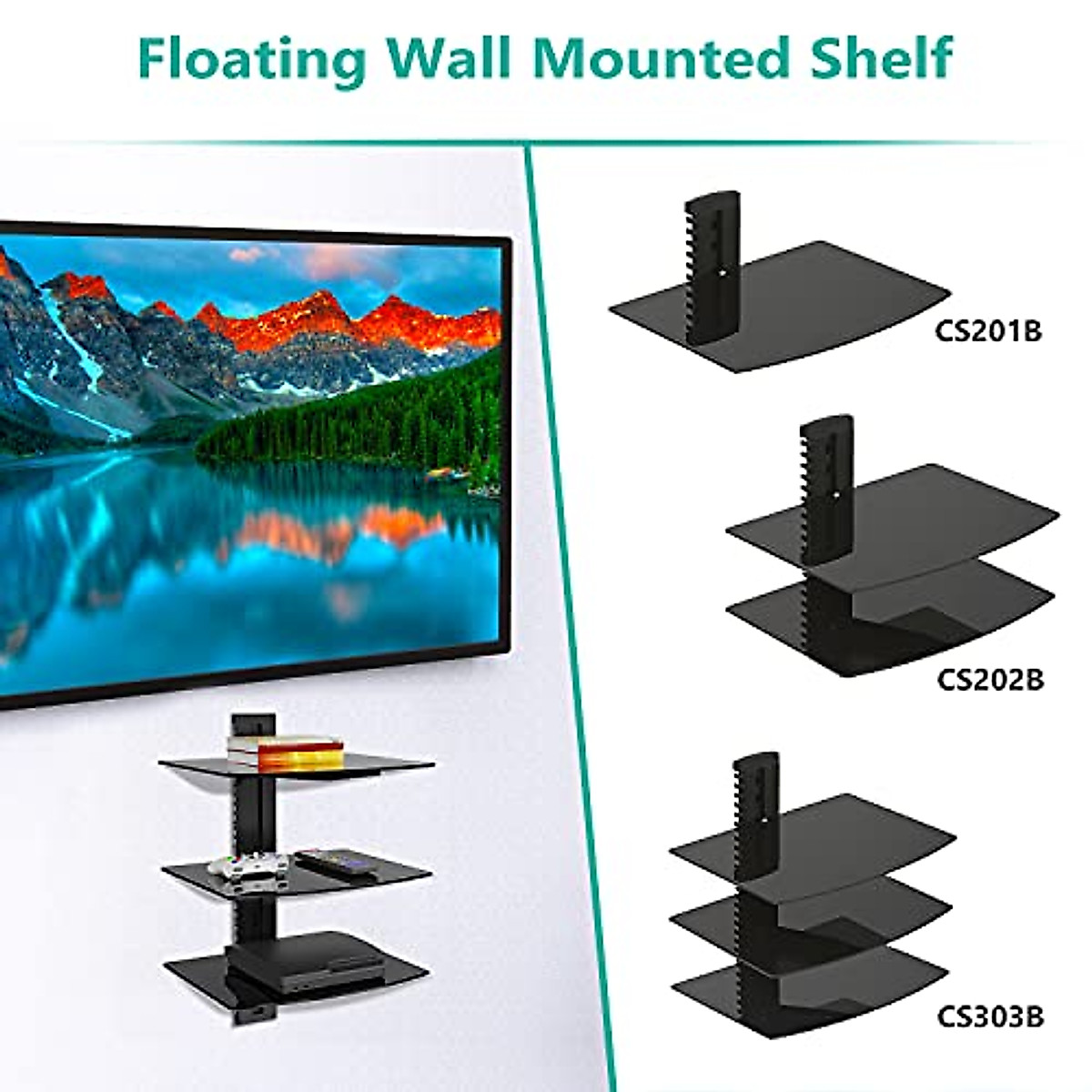 WALI Floating Entertainment Center Shelves, Holds Up to 17.6lbs, TV Shelf with Strengthened Tempered Glasses for DVD Players, Cable Boxes, Games Consoles, TV Accessories (CS303B), 3 Shelf, Black