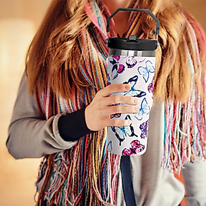 Butterfly Tumbler with Handle and Straw, Stainless Steel Vacuum Insulated Flip Straw 30 oz Pink Butterfly Tumbler Spill Proof Coffee Travel Mug Butterfly Gifts for Women