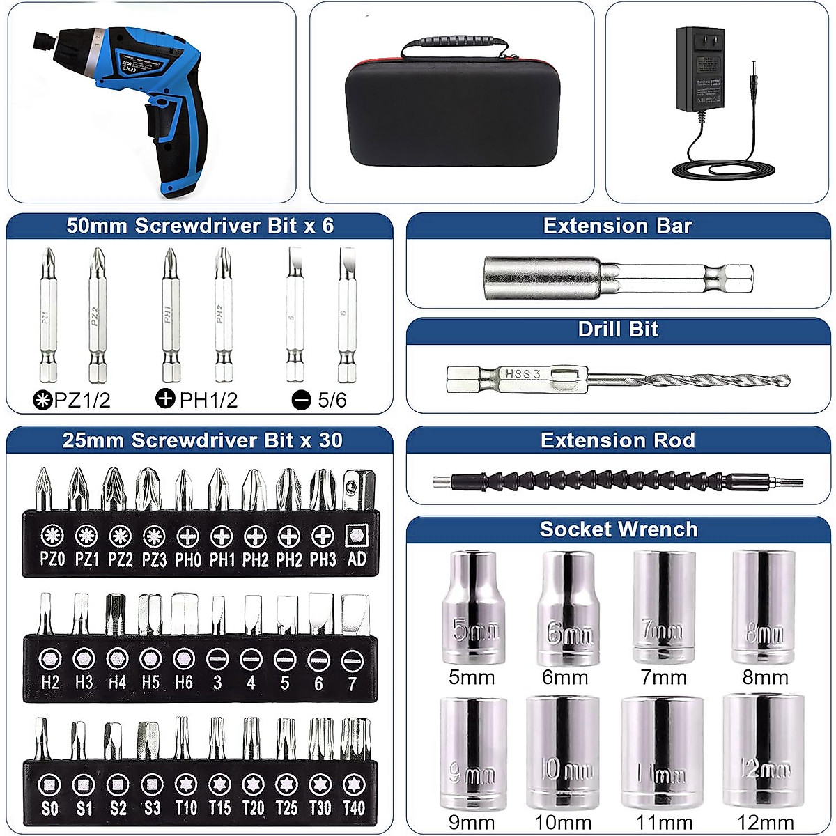 MXMZHXU Cordless Screwdriver, 8V Max 10Nm Electric Power Screwdriver with 47 Accessories, 6+1 Torque, Pivoting Handle, 2000mah Rechargeable Screw Gun & Bit Set with LED Light, Flexible Shaft