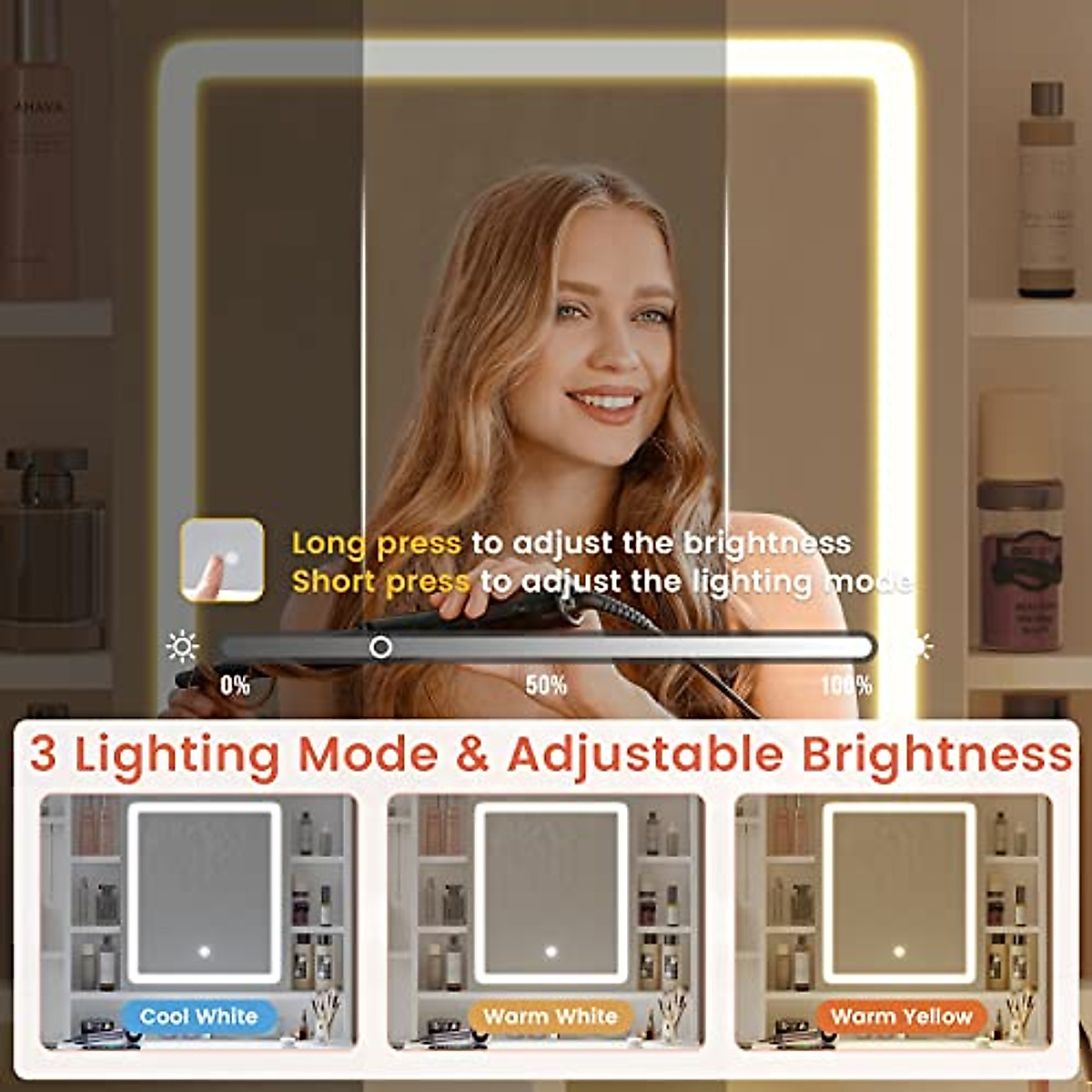 AOGLLATI Makeup Vanity with Lights in 3 Colors, White Vanity Desk with Mirror and Lights, Vanity Table with Charging Station, Makeup Desk with Visible Drawers, Hidden and Open Storage Shelves