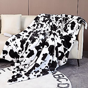 SUCSES Black and White Cow Print Blanket Faux Fur Fleece Cow Blankets for Couch Sofa Western Style Fluffy Furry Throw Blanket for Kids Boys Girls Adults (Black White, 63"x79")