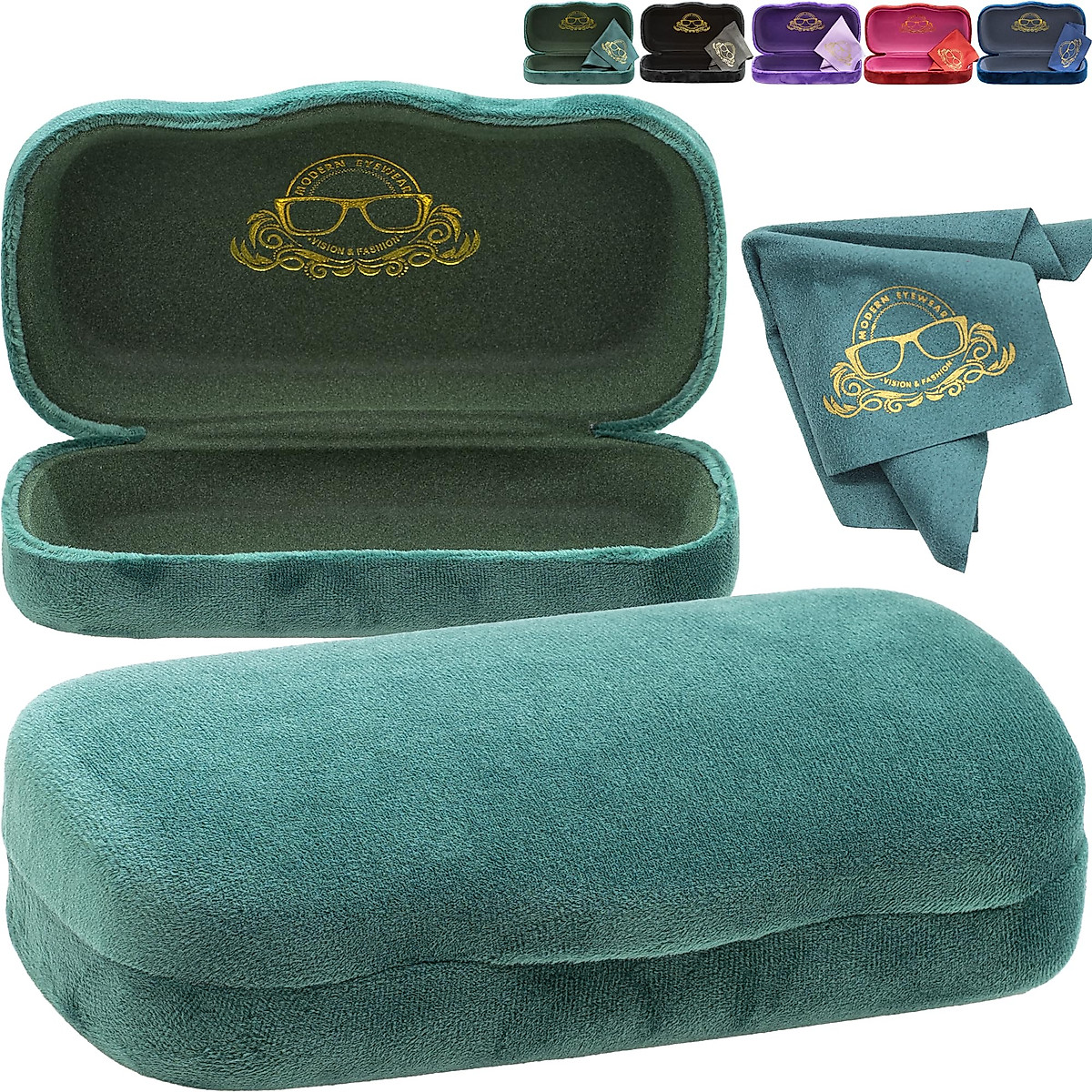 Modern Eyewear Sunglasses Case Hard Shell | Velvet Protective Hard Glasses Case for Men and Women with Cleaning Cloth | Large Green