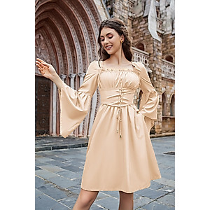 Fairy Dress for Women Short Medieval Dress Long Sleeve Ren Fest Costume Square Neck Corset Dress Apricot 2XL