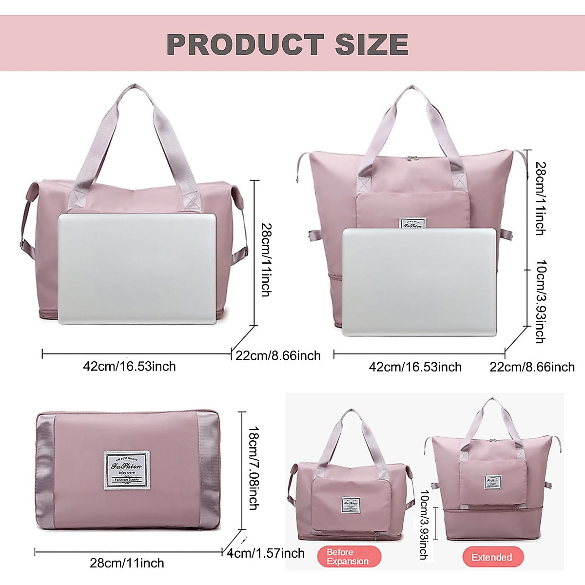 Large Capacity Folding Travel Bag, Lightweight Waterproof Luggage Bag, Expandable Travel Duffel Bag, Dry Wet Separated Gym Tote Bag, Weekender Overnight Bag for Women and Man (Pink)