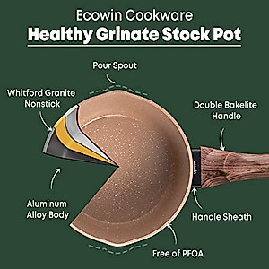 Ecowin 3 Quart Saucepan with Lid, Non Stick Small Sauce Pot with Pour Spout, Nonstick Granite Coating Small Pot with Bakelite Handle, Induction Compatible, Dishwasher and Oven Safe, PFOA Free