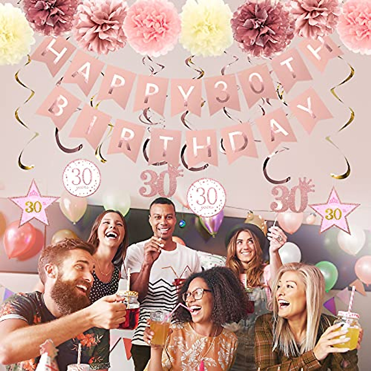 GuoZhiXin Rose Gold 30th Birthday Party Decorations , Rose gold Glittery Happy 30th Birthday Banner,Poms,Sparkling Hanging Swirls Kit for 30th Birthday Party Supplies