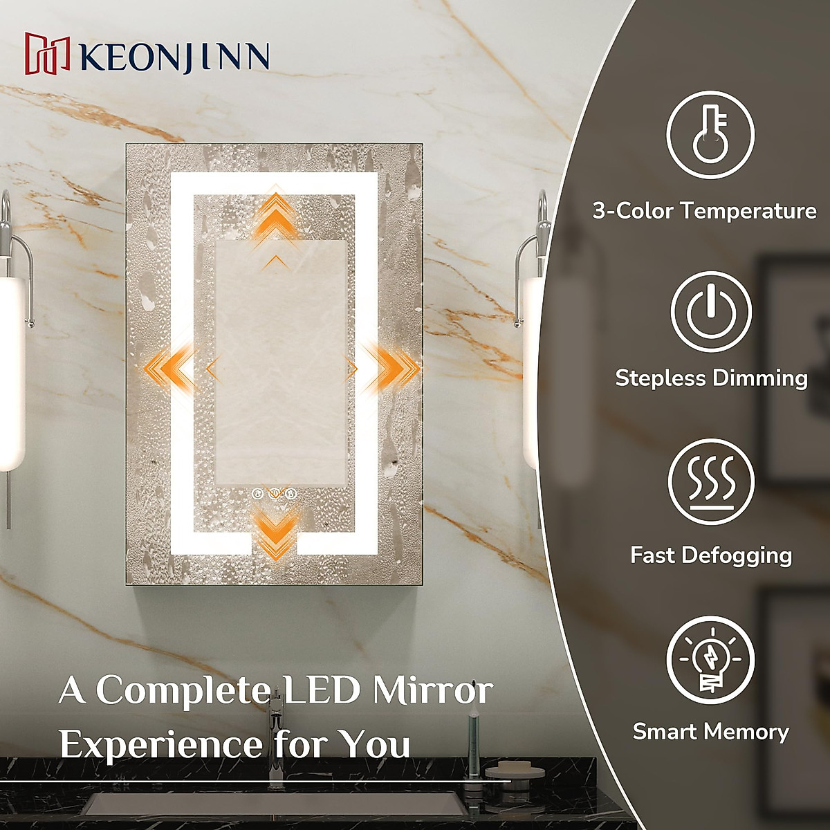 Keonjinn 24 x 32 LED Medicine Cabinet for Bathroom with Light Adjustable Shelves Electrical Outlet Dimmable Defogging 3 Color Light Tempered Glass LED Vanity Mirror with Storage Recessed/Surface Mount