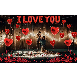 50 6inch red Heart Balloons Latex，18inch 10Pcs red Heart Balloons Foil ，1Pcs red I Love U Balloon，3Pcs Fireworks guns，Red Petals Kit for Valentines Day,Propose Marriage,Wedding Party