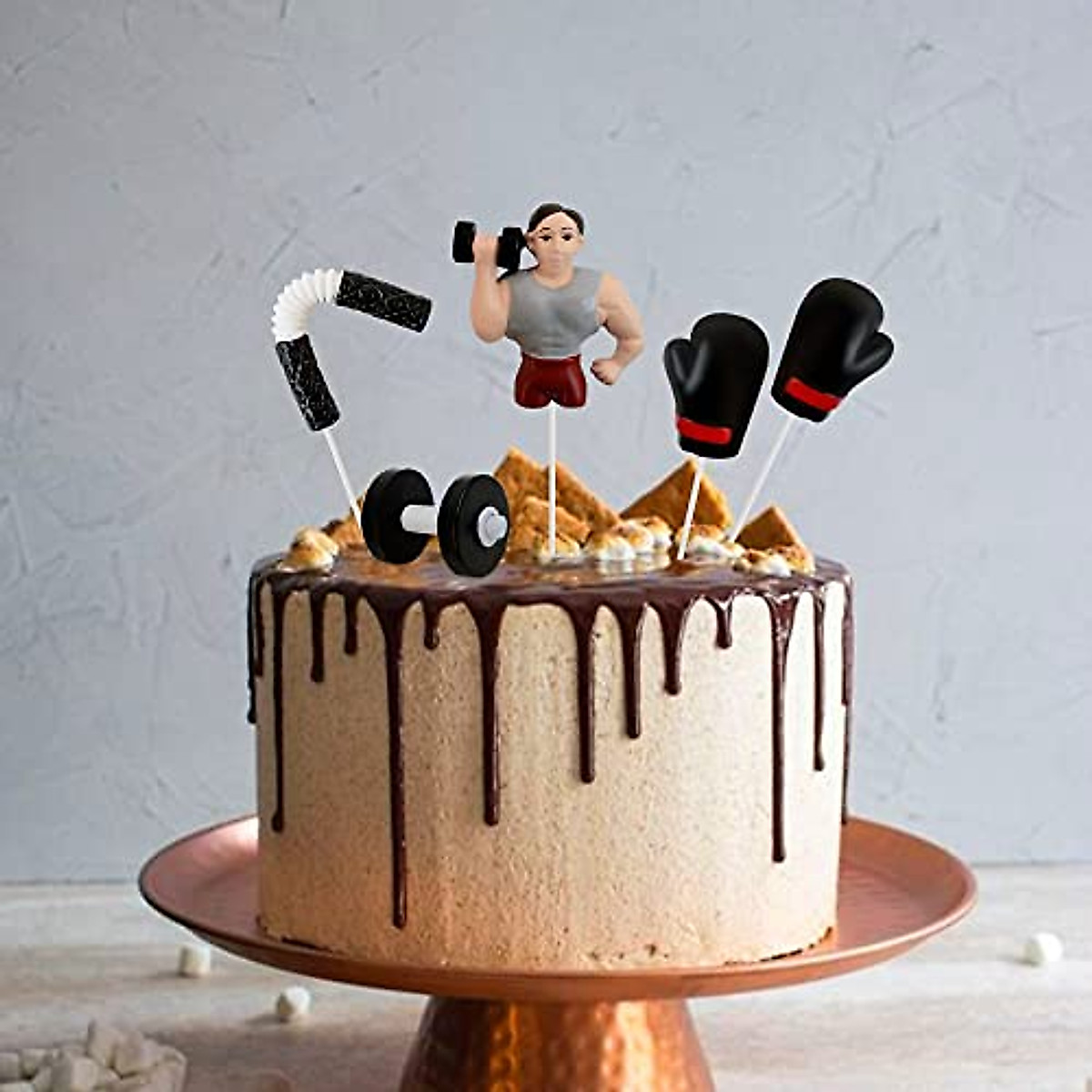 Ercadio 5 Pack Resin 3D Weight Lifting Workout Cake Toppers with Barbell Boxing Gloves Nunchaku Cake Picks Bodybuilding Cake Decor Fitness Gym Theme Cake Toppers for Birthday Party Supplies