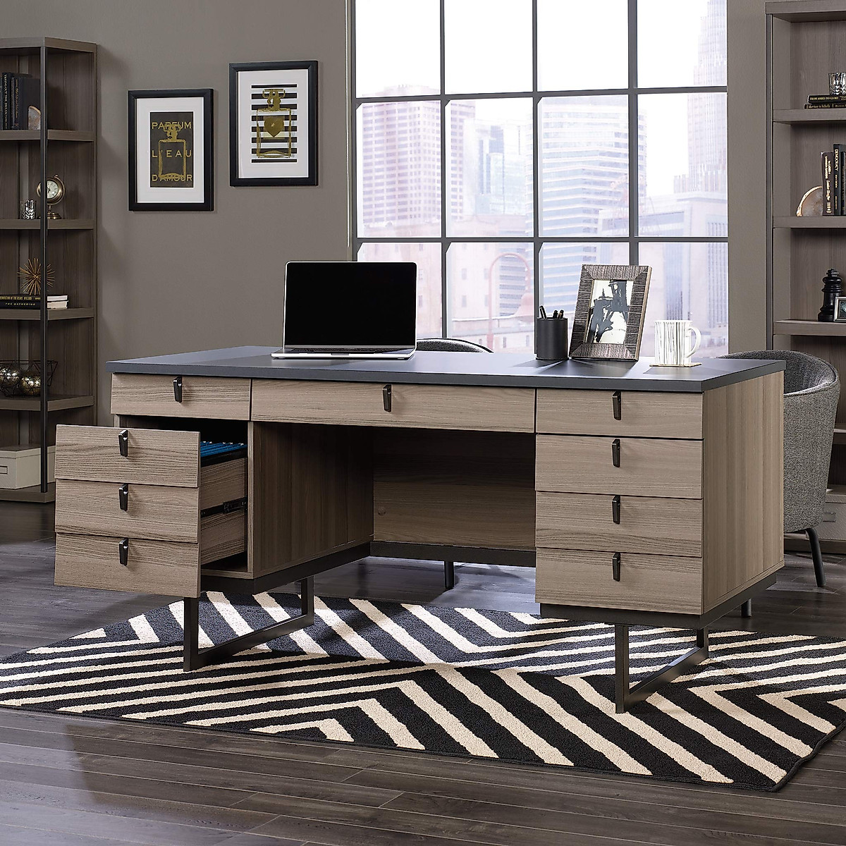 Sauder International Lux Executive Desk, L: 60.0" x W: 28.98" x H: 30.0", Diamond Ash Finish