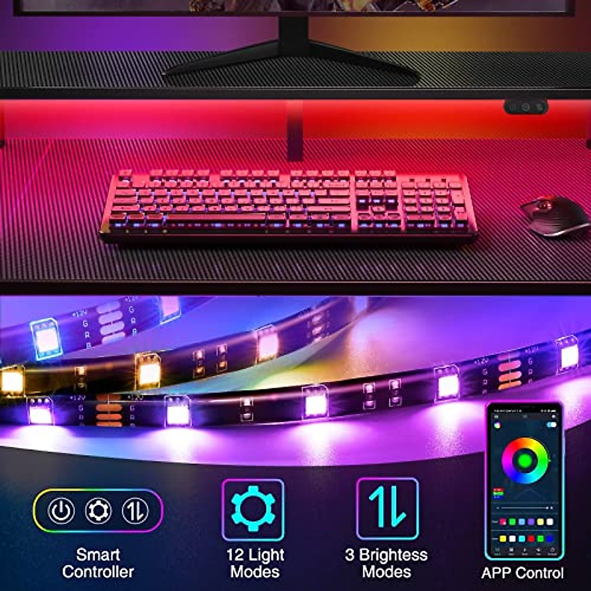 SEVEN WARRIOR L Shaped Gaming Desk with LED Lights & Power Outlets, 58” Reversible Computer Desk with Storage Shelf & Monitor Stand, Corner Desk with Cup Holder, with Headphone Hook, Black