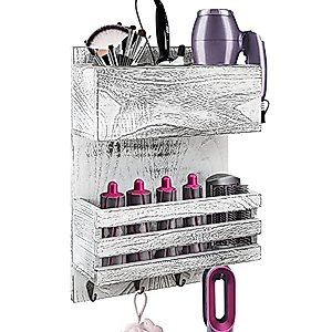 Hair Tool Organizer - Wooden Wall Mounted Hair Care Storage Solution with Multiple Compartments for Hair Blow Dryer, Straightener, Curling Iron,Makeup - Space Saving Hair Styling Tool Holder