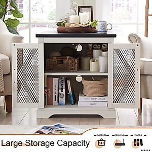 JXQTLINGMU Farmhouse End Table, 24" Large Sofa Side Table with Charging Station, Mesh Barn Door, and Adjustable Storage Shelf, Rustic Wood Square Nightstand for Living Room, Bedroom, Office, White