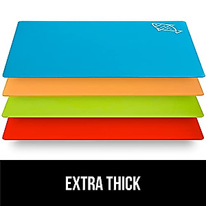 Gorilla Grip Cutting Boards for Kitchen, Set of 4 Durable Mats with Food Icons, Flexible Dishwasher Safe Plastic, Slip Resistant BPA Free Large Mat for Meat, Fish, Vegetables, Chopping Board, Multi