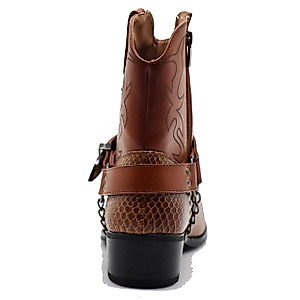 Alberto Fellini Men's Crocodile Prints Western Cowboy Boots with Side Zipper, Belt Buckle and Metal Chain (10.5, Brown)