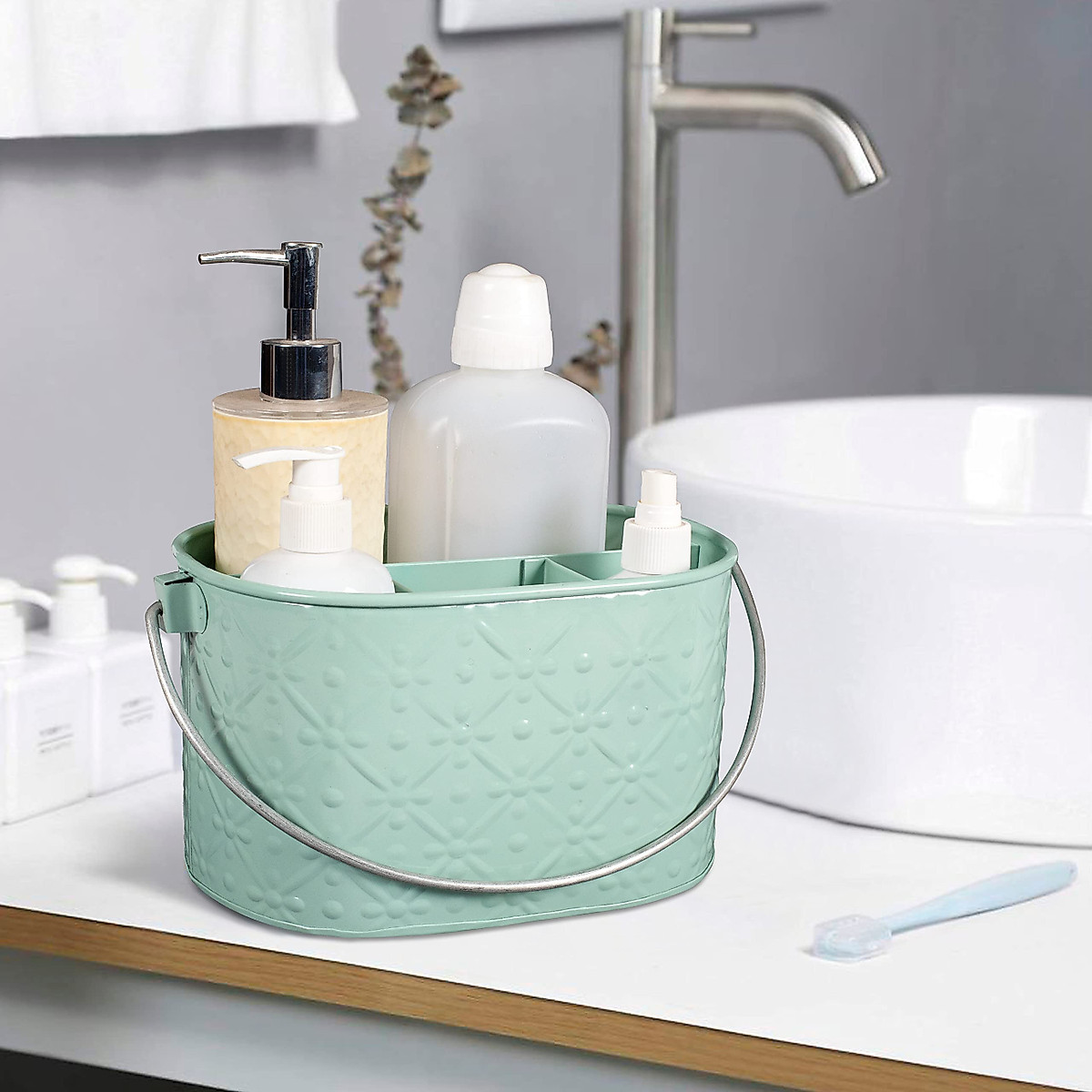 CLEENTABLE Farmhouse Chic Utensil Caddy, Green, Galvanized Steel, 10 x 6.5 x 5.5 inches, 4 Compartments, 2 lbs Capacity