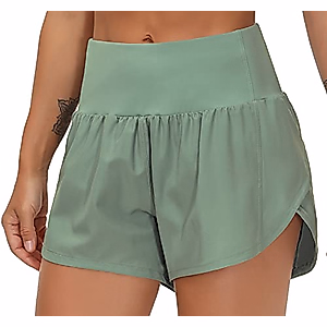 THE GYM PEOPLE Womens High Waisted Running Shorts Quick Dry Athletic Workout Shorts with Mesh Liner Zipper Pockets (Jasmine Green, Small)