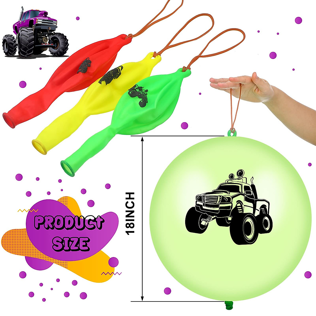 36 Pcs Truck Party Favor Truck Punch Balloons Colorful Punching Balloons with Rubber Bands Punch Ball Birthday Party Favors Punching Balls Toys for Fun Games Truck Party Supplies Goodie Bag Fillers