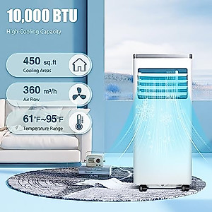 R.W.FLAME 10,000BTU Portable Air Conditioner for Room Up to 450 Sq.Ft,with Dehumidifier & Fan,Standing Air Conditioner for Room,Portable AC unit with Remote Control & Window Kit,LED Display
