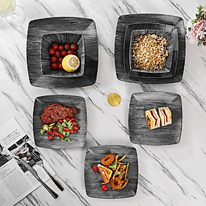 Melamine 12pcs Classic Square Dinnerware Set, Concise Plates and Bowls Set, Service for 4, Dishwasher Safe, Natural Wood Grain Design,black wood