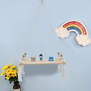 Hanging Wood Floating Shelves Nordic Wall Hanging Shelf Swing Wall Storage Shelf for Living Room Bedroom, [White Gray]