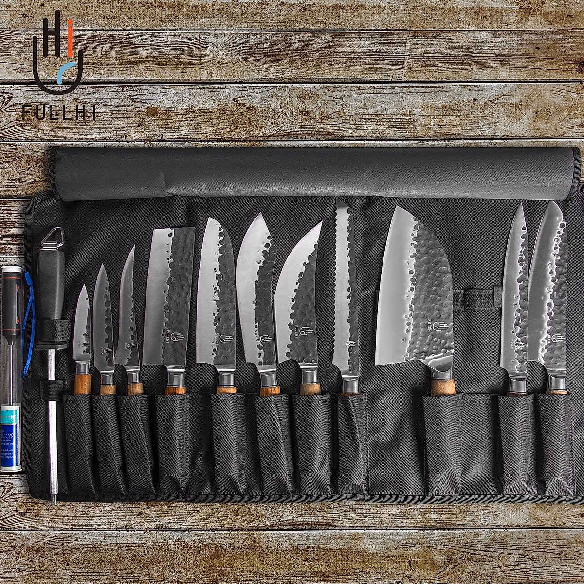 FULLHI 17pcs Butcher Chef Knife Set include sheath High Carbon Steel Cleaver Kitchen Knife Whole Tang Vegetable Cleaver Home BBQ Camping with Knife Bag,Meat Thermometer