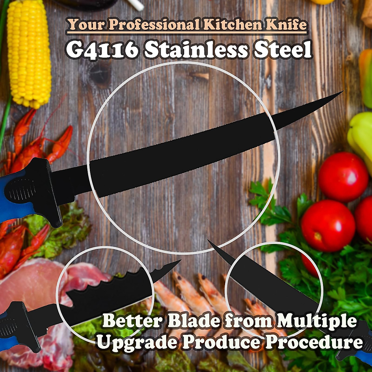 HOWORR 3PCS Fishing Fillet Knife Set, 5-7 Inch Pro Filet Knife for Fish with Sharpener, Stainless Steel Fish Fillet Knife, Fishing Tool Set, Camping Ourdoor Use, Fishing Accessories Gifts, Blue