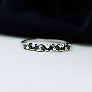 Lab Created Black and White Diamond Ring, Marquise Cut Created Black Diamond Semi Eternity Ring, 14K White Gold, Size:US 8.00