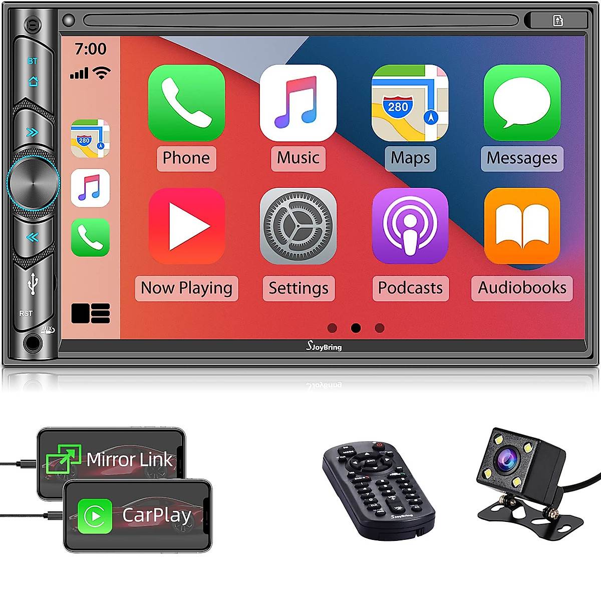 Double DIN CarPlay Multimedia Player, 7" HD Capacitive Touchscreen, Car Stereo with Backup Camera, Bluetooth, 16-Band EQ, Steering Wheel Controls, Mirror-Link, USB/SD Port, AM/FM Car Radio Receiver
