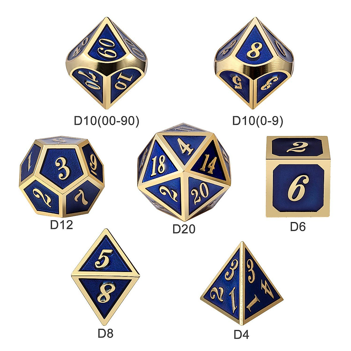 Set of 7 Metal Dice Set with Storage Box - Royal Blue with Gold Numbers - Includes D4, D6, D8, D10, D12, D20 and D% by SciencePurchase