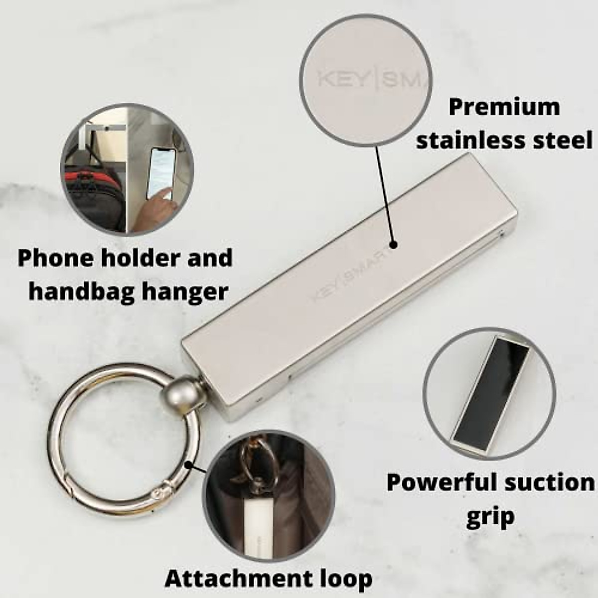 KeySmart BagHang Plus - 2-in-1 Purse Hook for Table & Phone Stand - Bag Holder and Hanger for Table Tops - Keychain Purse Hanger for Desk - Easy to Clip and Strong Grip Carabiner - Stainless Steel