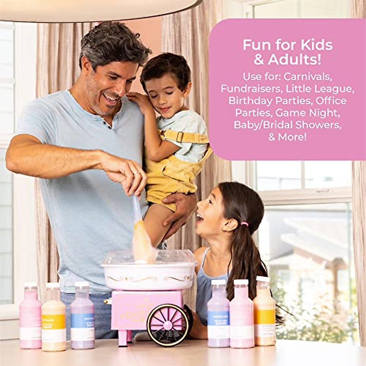 Nostalgia Cotton Candy Machine - Retro Cotton Candy Machine for Kids with 2 Reusable Cones, 1 Sugar Scoop, and 1 Extractor Head – Pink