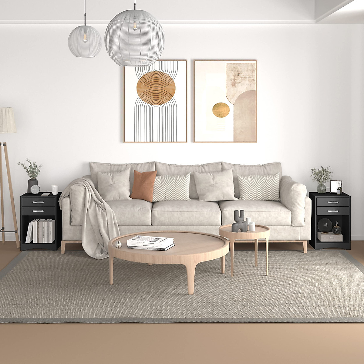 HOSEOKA Black Nightstand with Charging Station 2 Drawer Bedroom Nightstand Wood Sofa Side Table End Table with USB Ports and Storage, Small Kids Nightstand