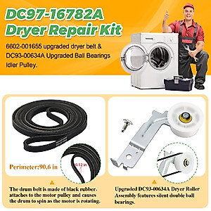 Dryer Repair Kit Fit for Samsung DV42H5000EW/A3 DV45H7000EW/A2 DV48H7400EW/A2 DV42H5200EP/A3 DV40J3000EW/A2, Includes DC97-16782A Samsung Dryer Roller, 6602-001655 Dryer Belt, DC93-00634A Idler Pulley