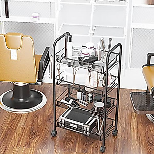 DEVO 4 Tier Metal Mesh Rolling Cart, Storage Organizer cart with 4 Side Hooks, Utility Carts with Lockable Wheels, for Home Kitchen Office Classroom (Black 1)
