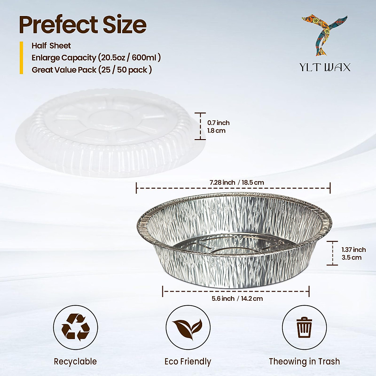 YLT WAX (25 Packs) 7" Round Aluminum Foil Pans with Transparent Lids, Round Disposable Containers with Angled Walls for Tart Baking, Cooking, Storage, Roasting, & Reheating